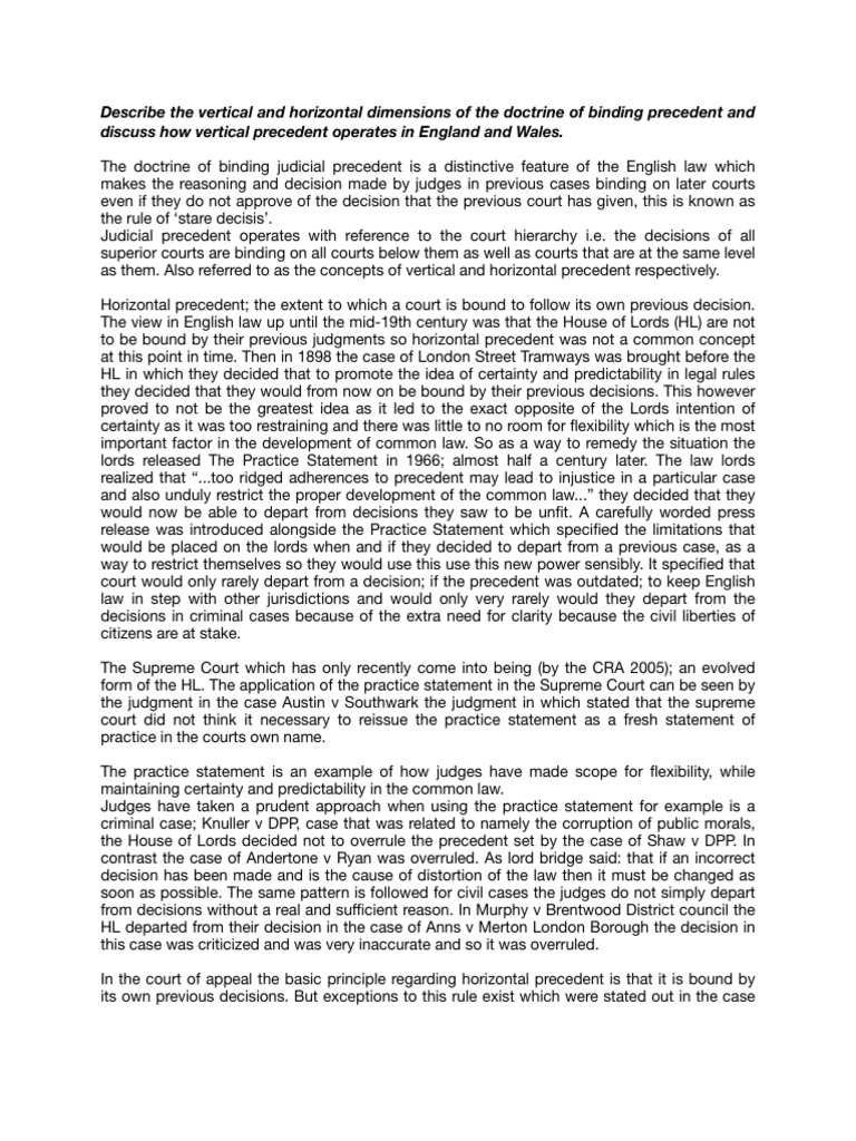 Judicial Precedent Vertical and Horizontal Essay | PDF | Precedent | Courts