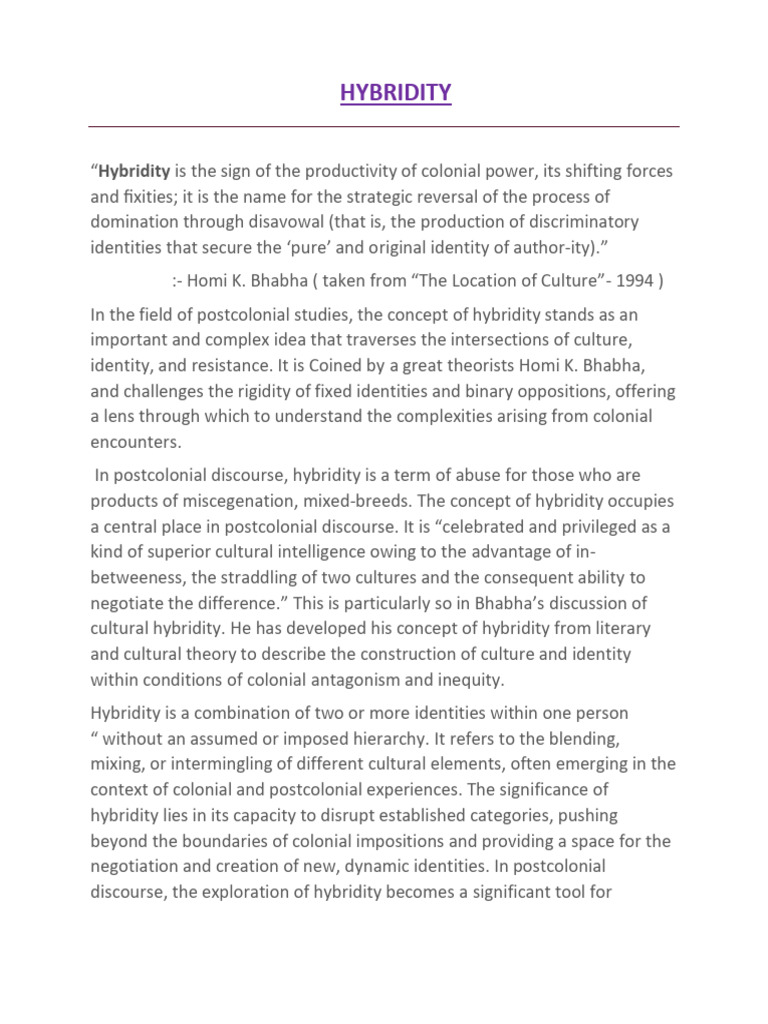 Hybridity - Term Paper by Mithlesh Kumar | PDF | Postcolonialism | Space