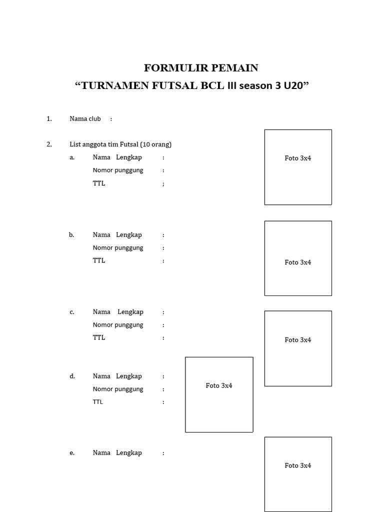 Formulir Pemain Turnamen Futsal U20 | PDF