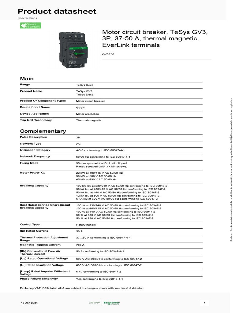 GV3P50 Motor Circuit Breaker Overview | PDF | Alternating Current ...