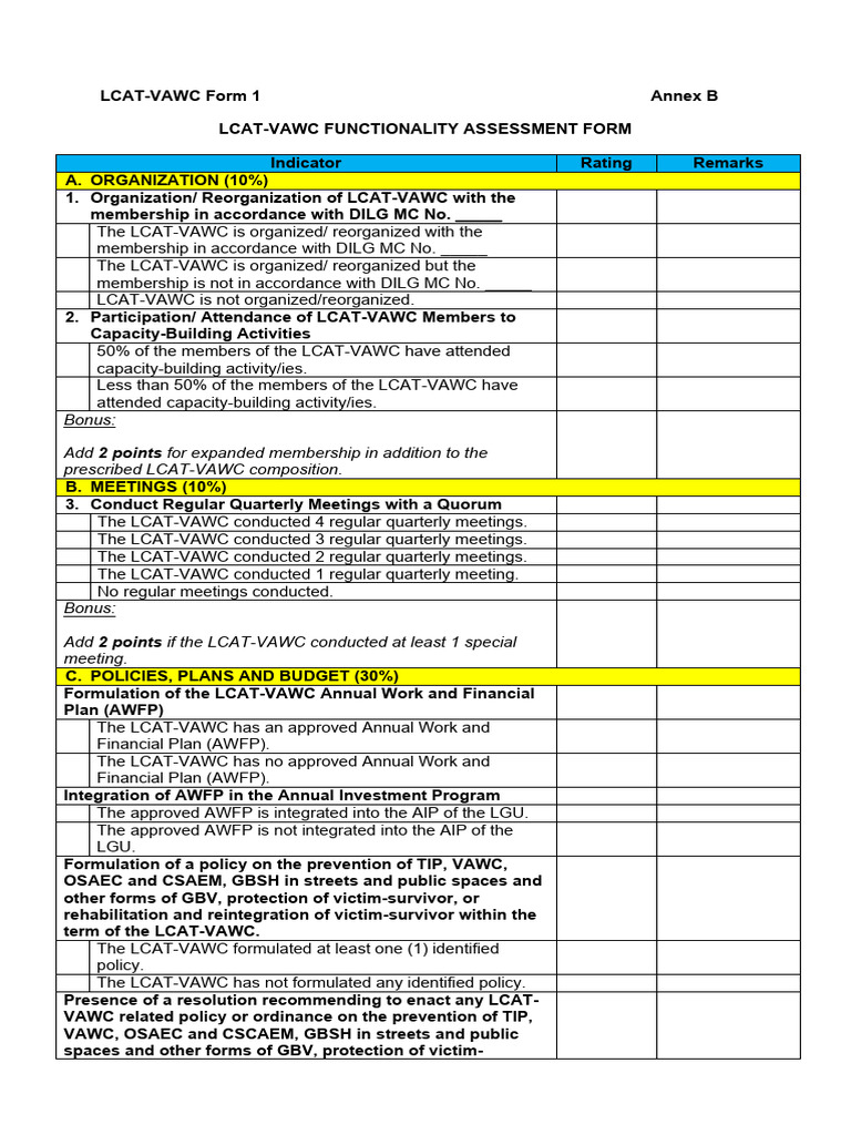 LCAT-VAWC Functionality Assessment Form | PDF
