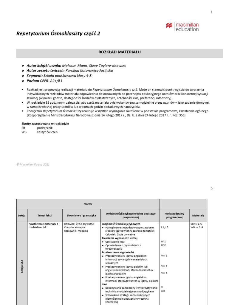 Repetytorium Osmoklasisty Cz2 ROZKLAD MATERIALU | PDF
