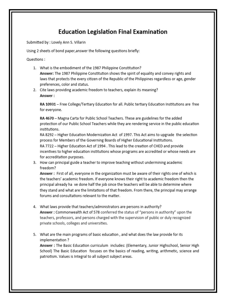 Education Legislation Final Examination - Villarin2022 | PDF | Teachers ...