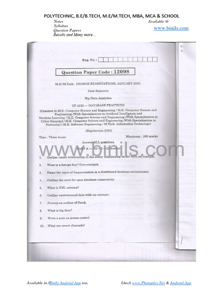 CP 4152 Database Practices I Previous Question Paper | PDF CP 4152 Database Practices I Previous Question Paper | PDF