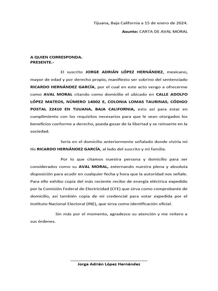 Carta de Aval Moral | PDF