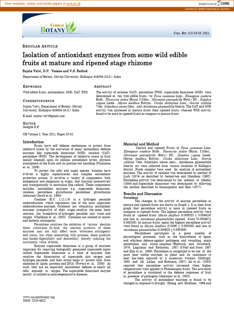 Isolation of Antioxidant Enzymes From Some Wild Edible Fruits at Mature and Ripened Stage ...