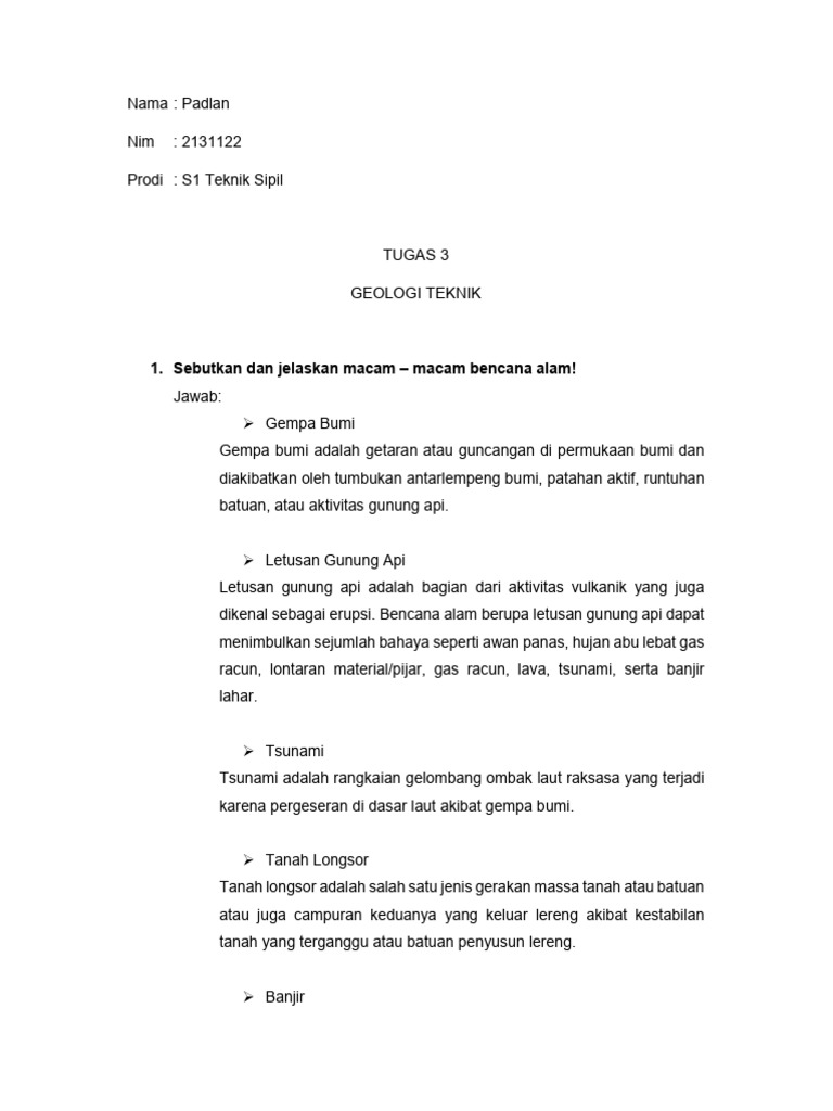 Tugas 3 Geologi Teknik - Padlan - 2131122 - S-1 Teknik Sipil | PDF