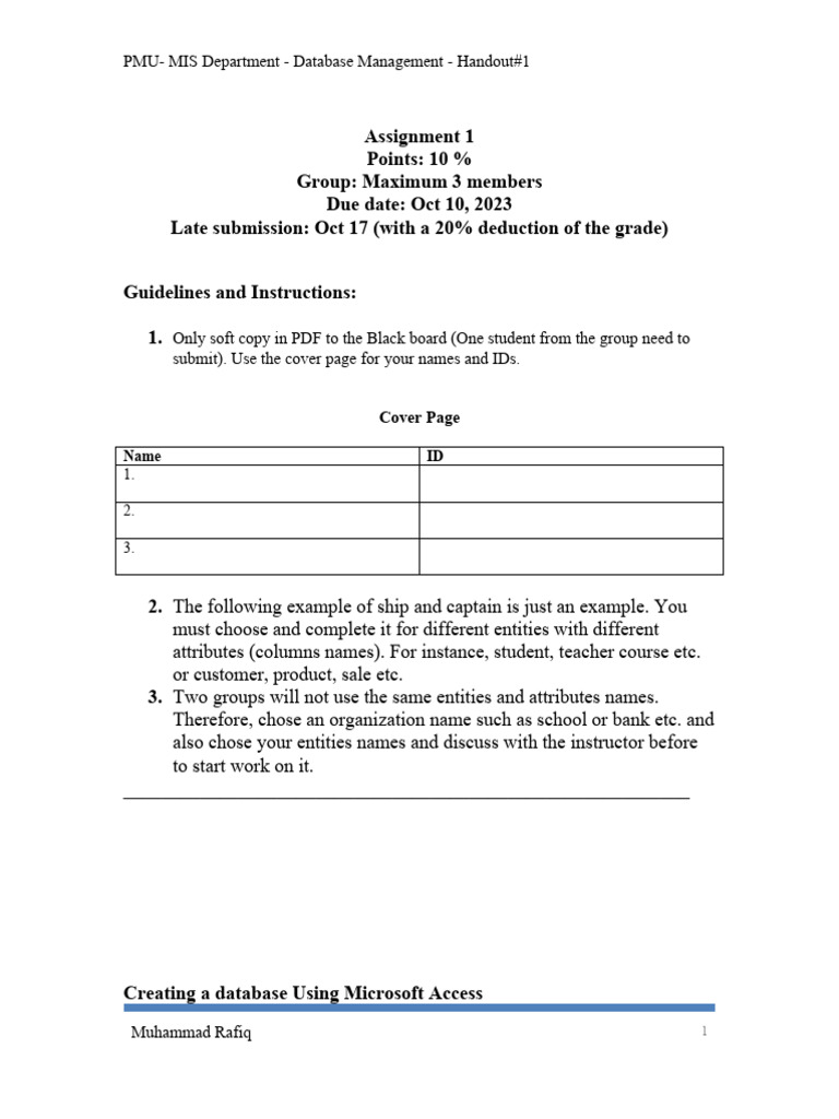 Assignment 1 Creating A Database Using Microsoft Access Pdf Databases Table Database