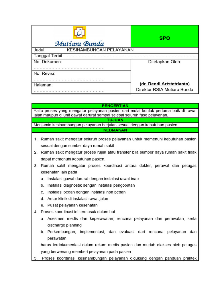 SPO KESINAMBUNGAN PELAYANAN (Edit) | PDF