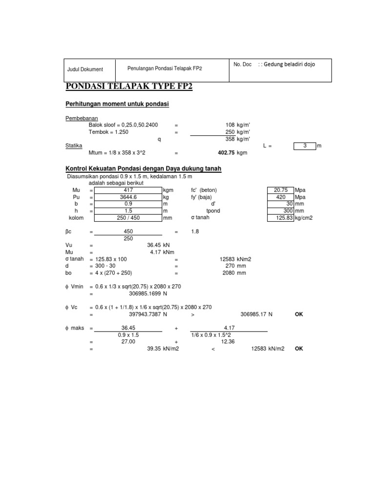 Perhitungan Pondasi Footplat fp2 | PDF