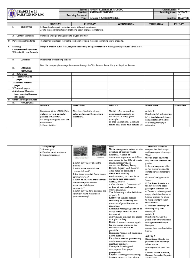 DLL - Science 5 - Q1 - W6 | PDF | Waste | Waste Management