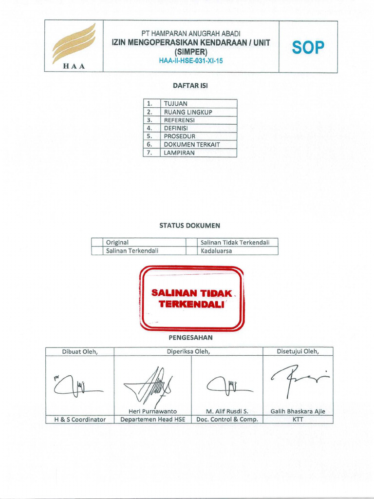 HAA-II-HSE-031-XI-15 Izin Mengoperasikan Kendaraan-Unit SIMPER - STT | PDF