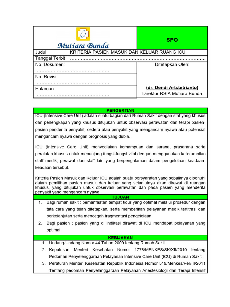 SPO KRITERIA PASIEN MASUK DAN KELUAR RUANG ICU (edit) | PDF