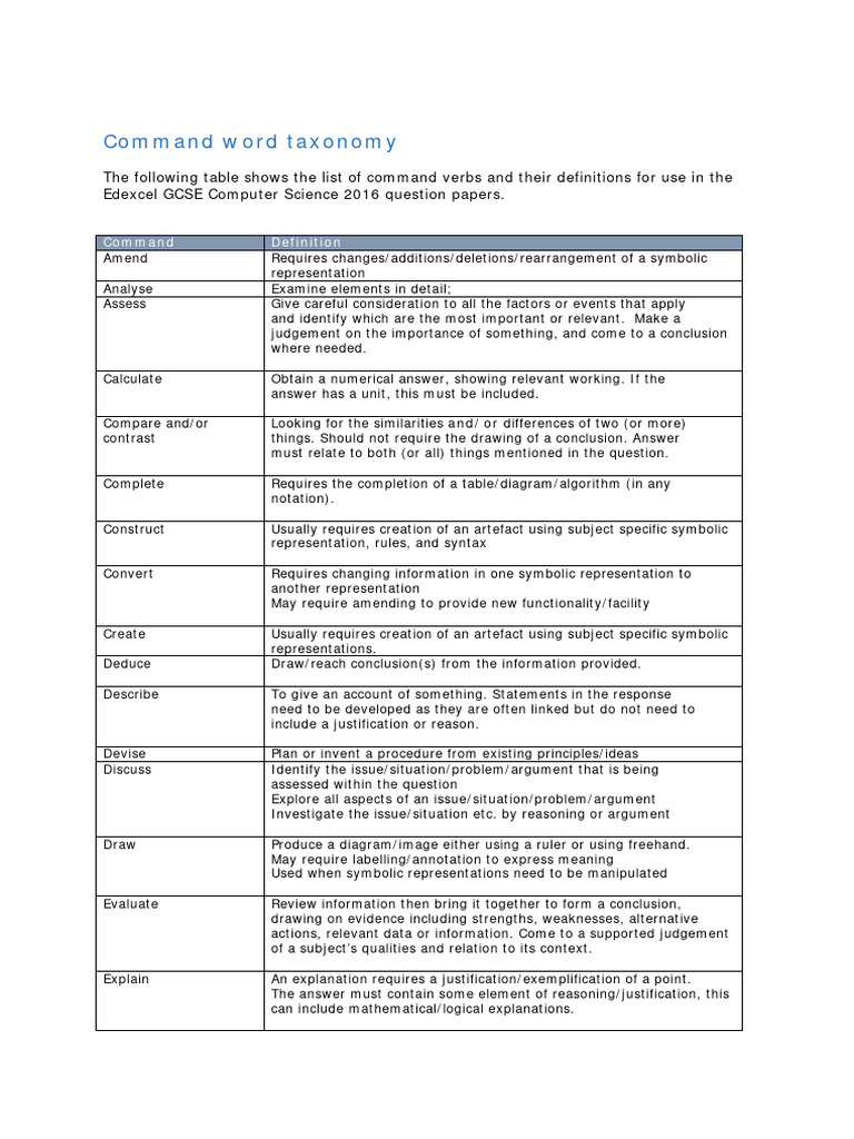 Edexcel GCSE CS Command Verbs | PDF | Reason | Information