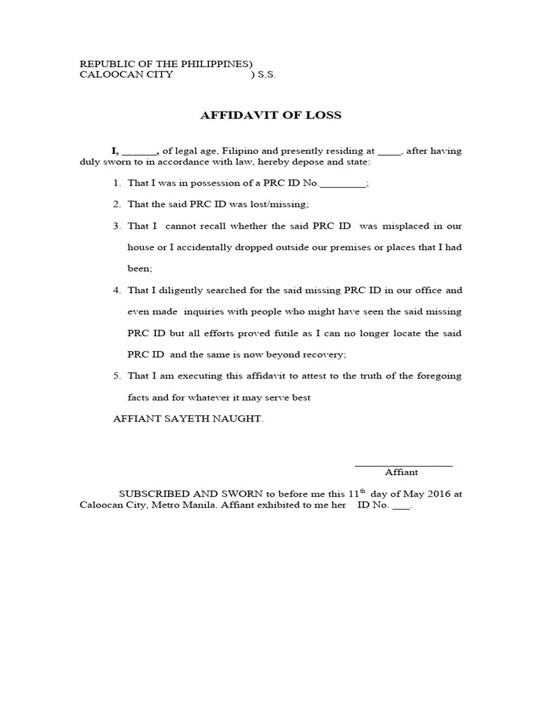 aff of loss - PRC ID- blank | PDF