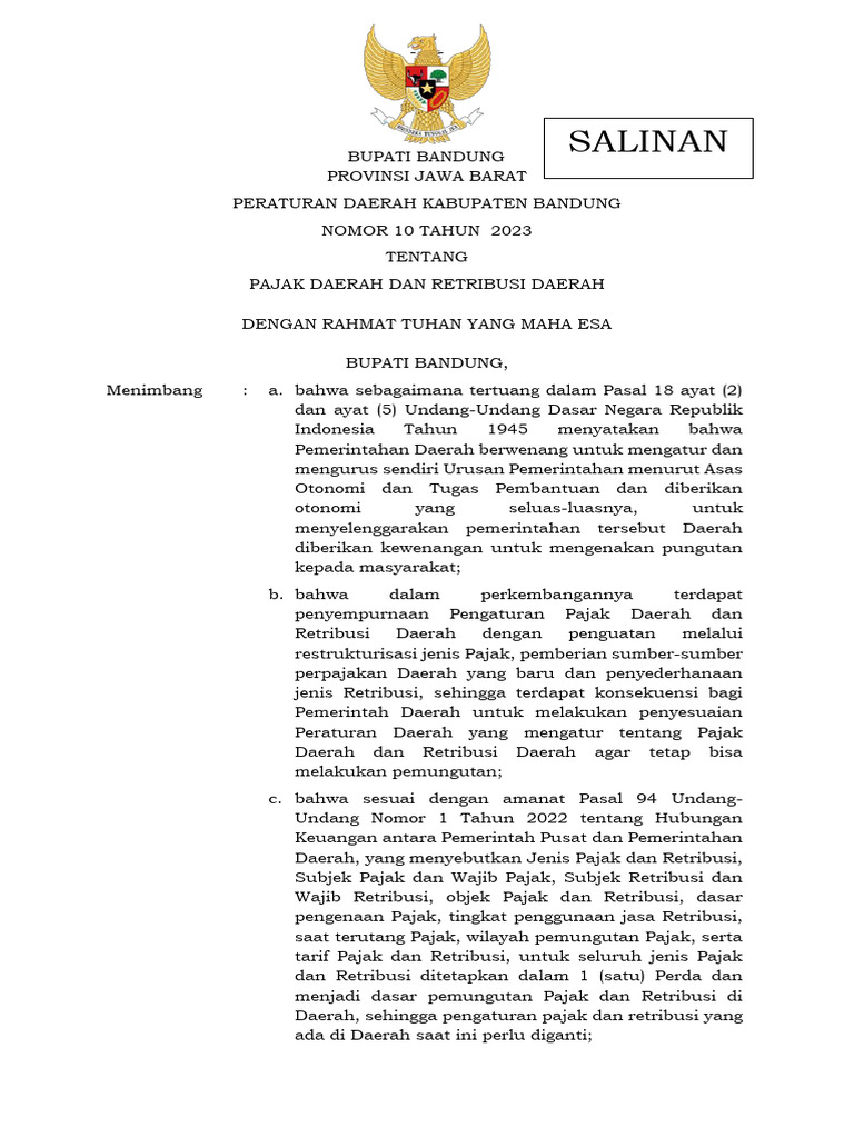 Perda Pajak dan Retribusi Daerah 2023 | PDF