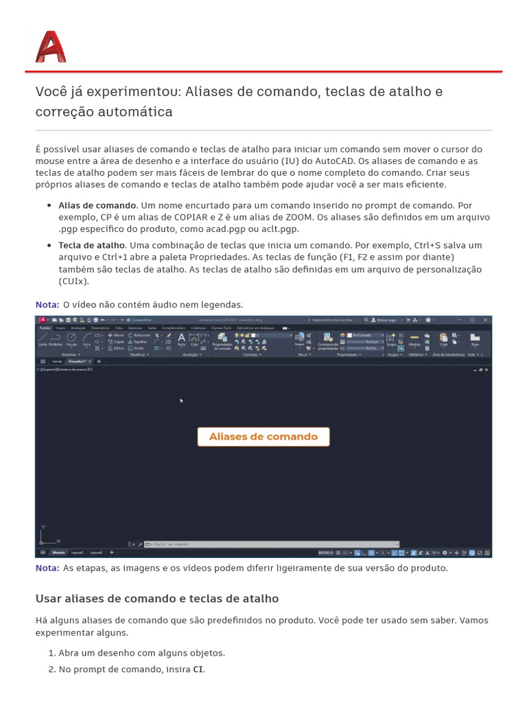 AutoCAD 2021 Ajuda - Aliases de Comando, Teclas de Atalho e Correção ...