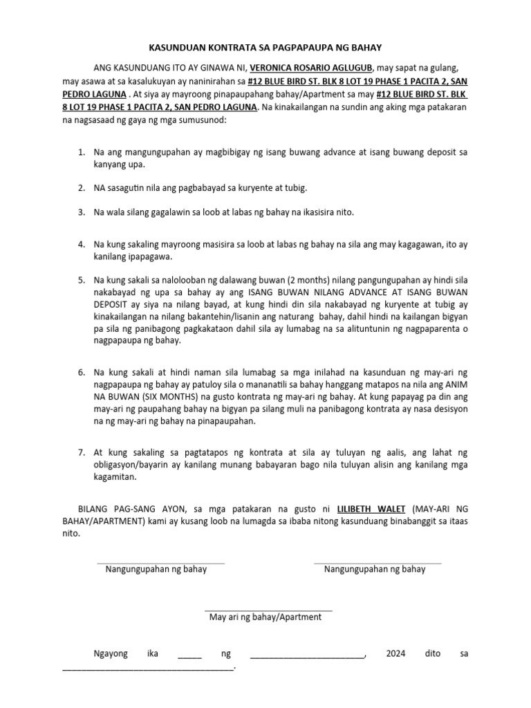 Kasunduan Kontrata Sa Pagpapaupa NG Bahay | PDF