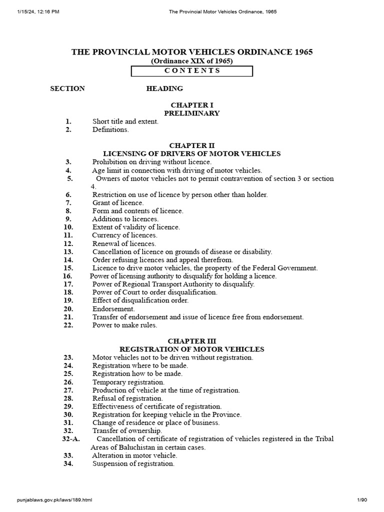 Provincial Motor Vehicles Ordinance 1965 | PDF