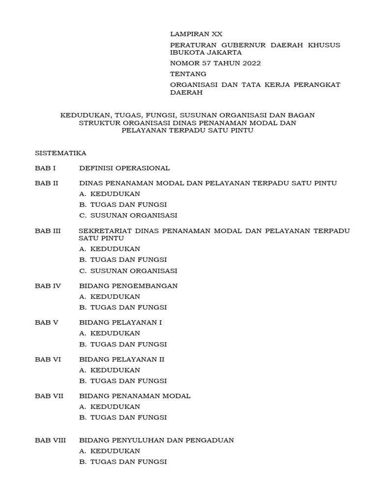 Lampiran 20. PERGUB 57 Tahun 2022 - TUPOKSI DPMPTSP | PDF