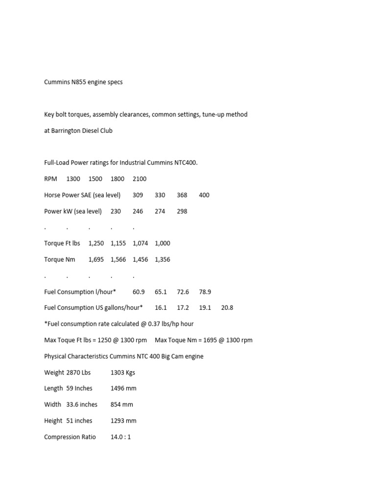 Cummins n855 Engine Specs PDF Free | PDF | Screw | Horsepower