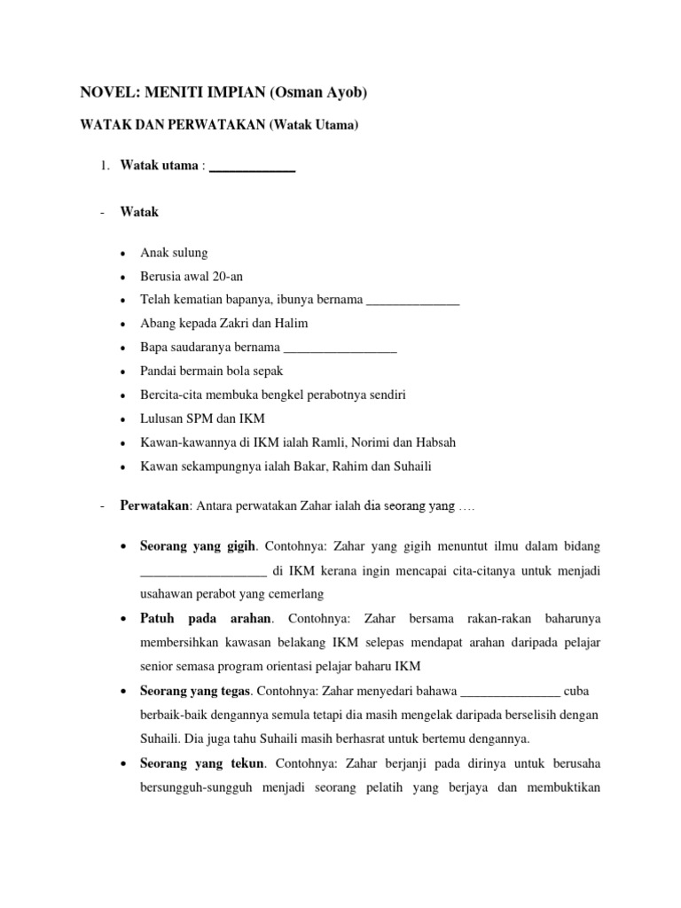 Novel Meniti Impian - Watak Perwatakan (Utama) | PDF