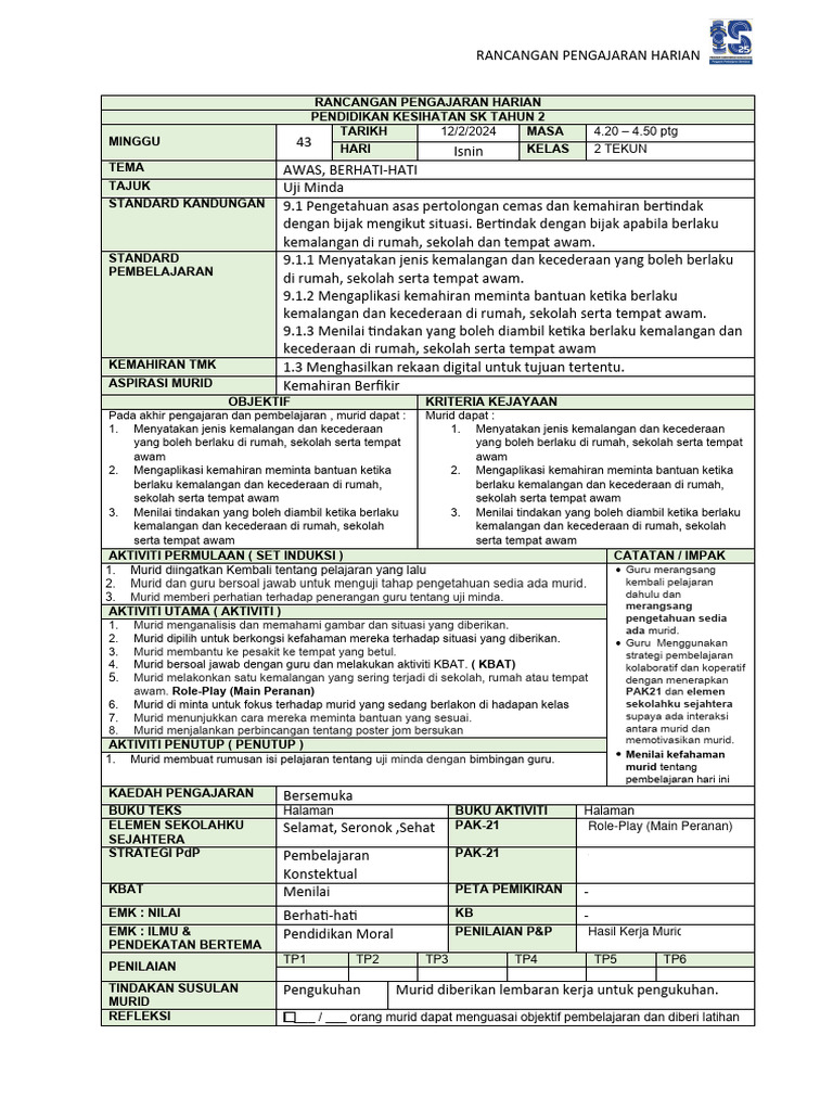 RPH Minggu 40 Pendidikan Kesihatan THN 2 | PDF