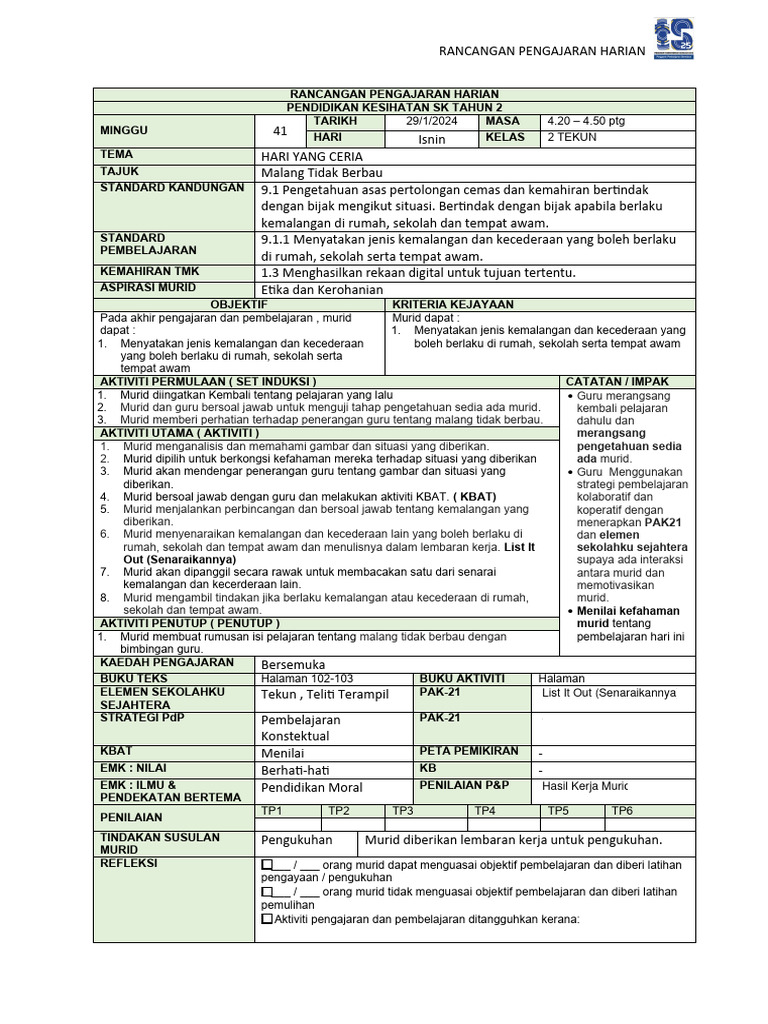 RPH Minggu 38 Pendidikan Kesihatan THN 2 2023 | PDF