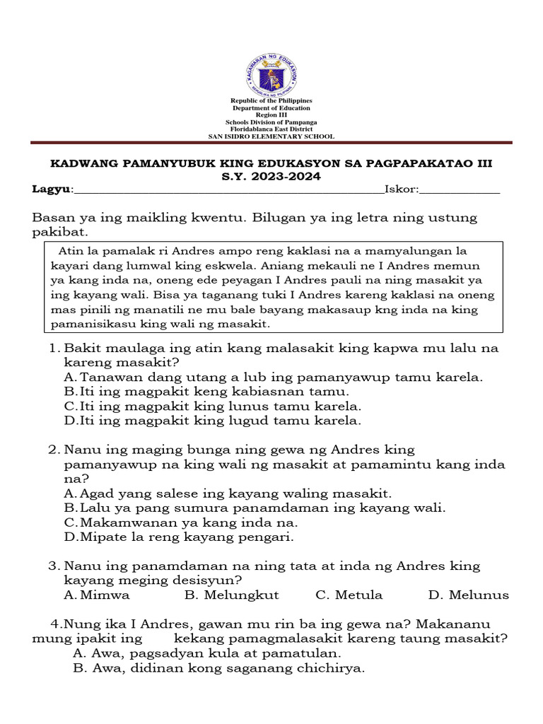 Gr.3 2nd PT in Esp 3 With Tos | PDF