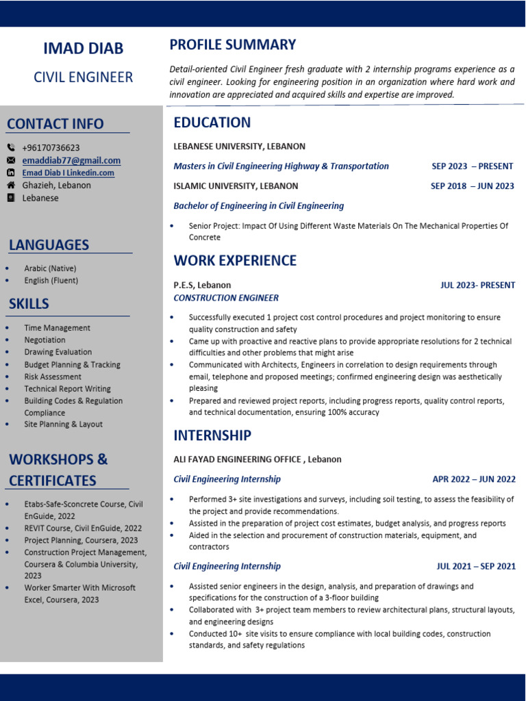Imad Diab Resume | PDF | Civil Engineering | Engineering