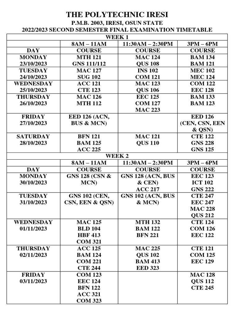 2022-2023 Second Semester Exam Timetable | PDF | Schools | Educational Institutions