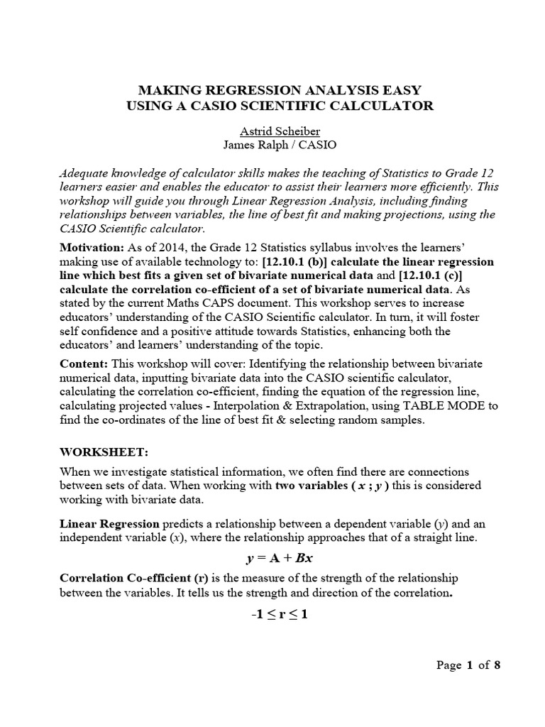Casio Fx-82za Plus & Fx-991za Plus - Linear Regression | PDF | Regression Analysis | Statistics
