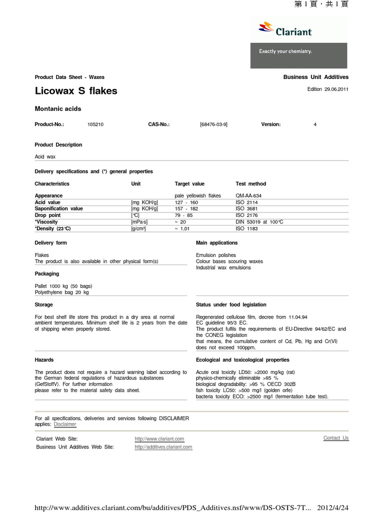 Licowax S Flakes | PDF | Wax | Toxicity