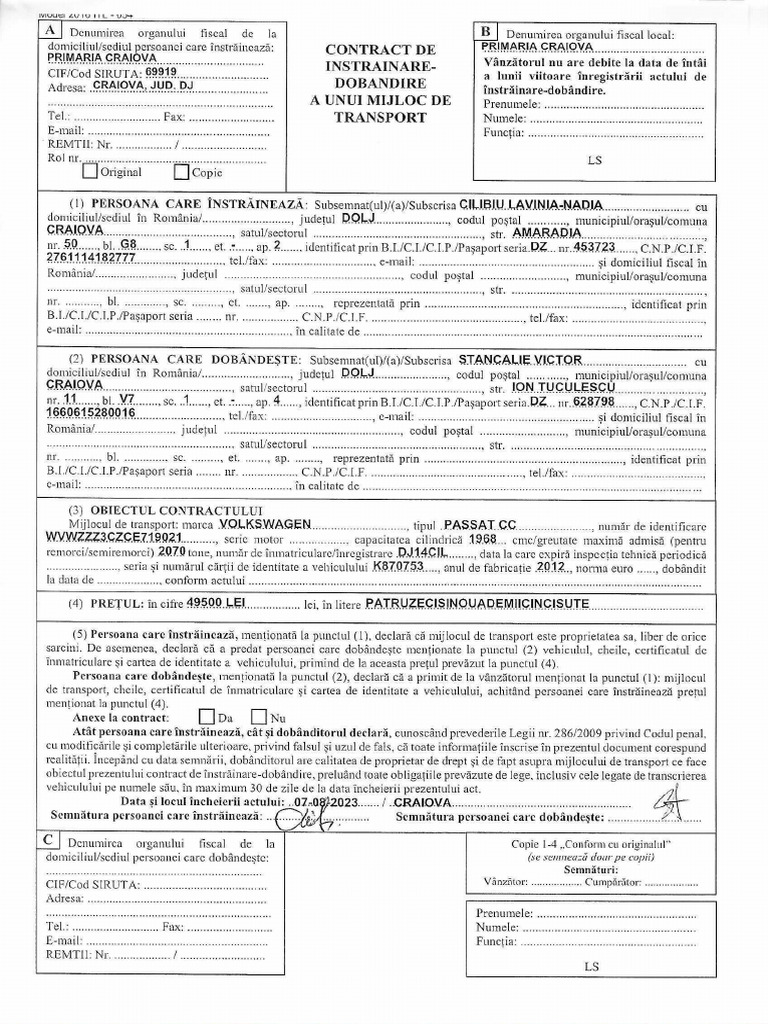 Contract Instrainare-Dobandire Mijl Transp 1 | PDF