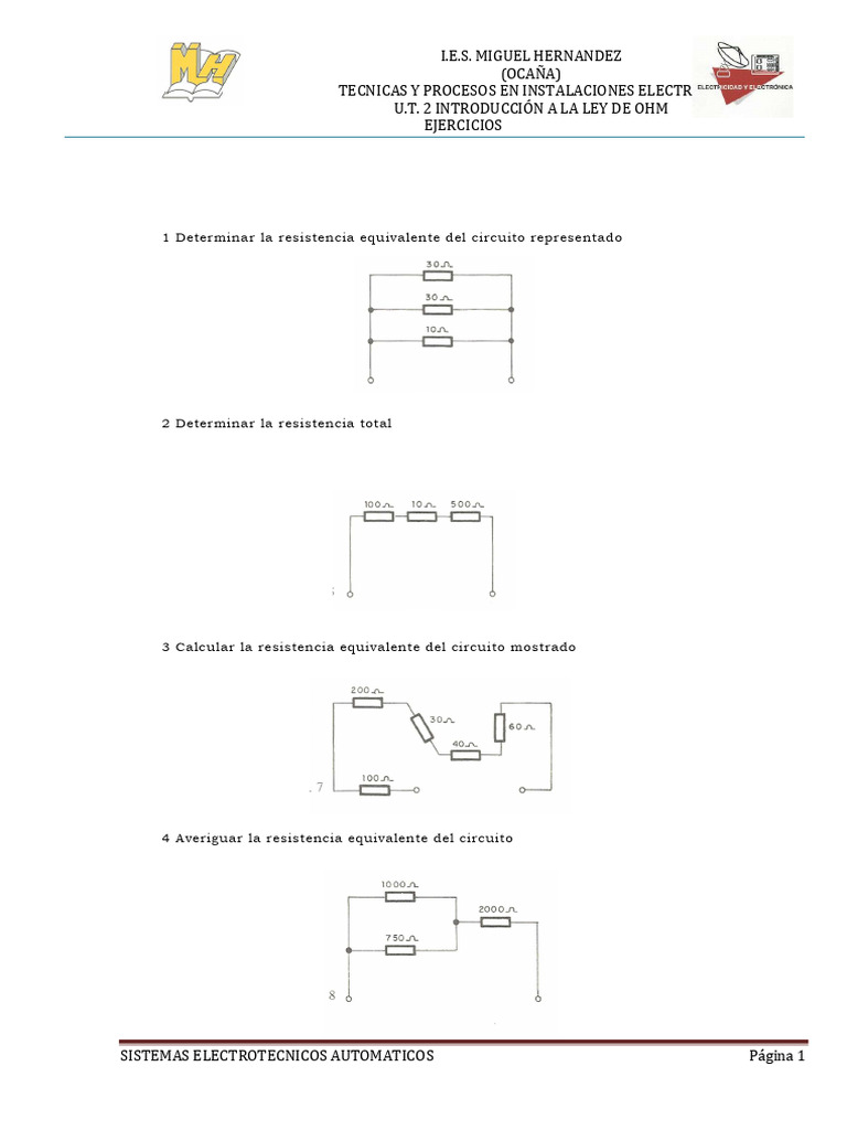 EJERCICIOS LEY DE OHM | PDF | Resistencia Eléctrica y Conductancia | voltaje