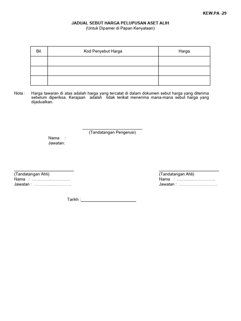 Kew - Pa-29 Jadual Sebutharga Pelupusan Aset Alih | PDF