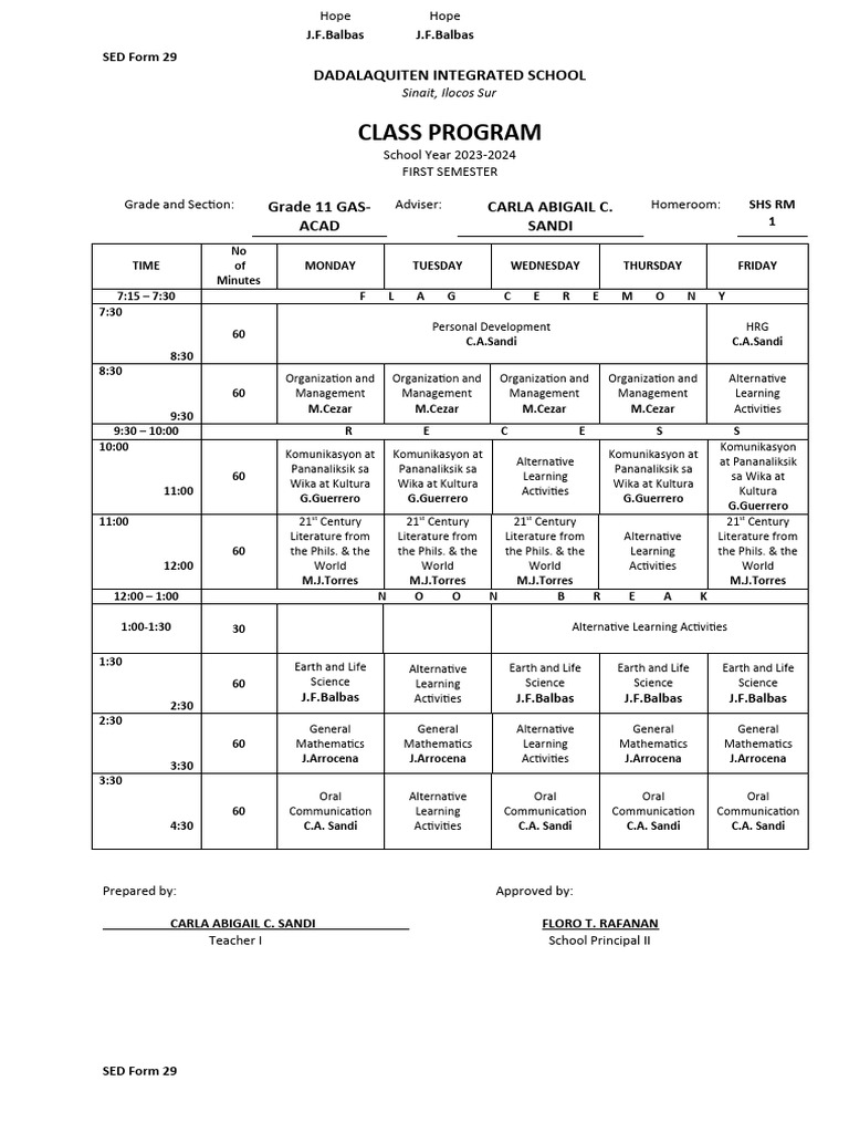 GRADE 11 CLASS PROGRAM FIRST and SECOND SEMESTER 2023 2024 | Download ...