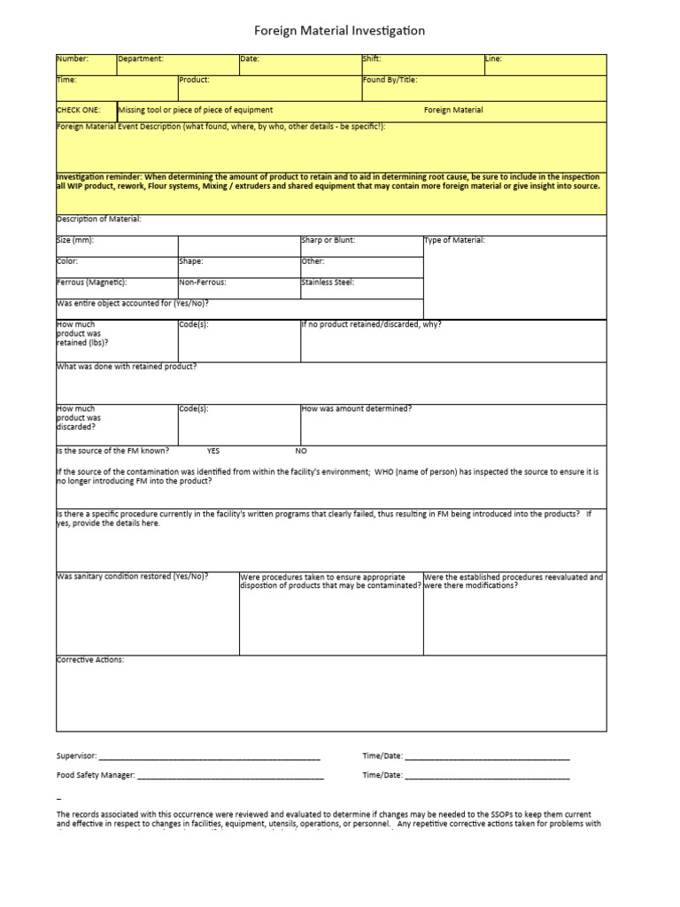 Foreign Material Investigational Form | PDF