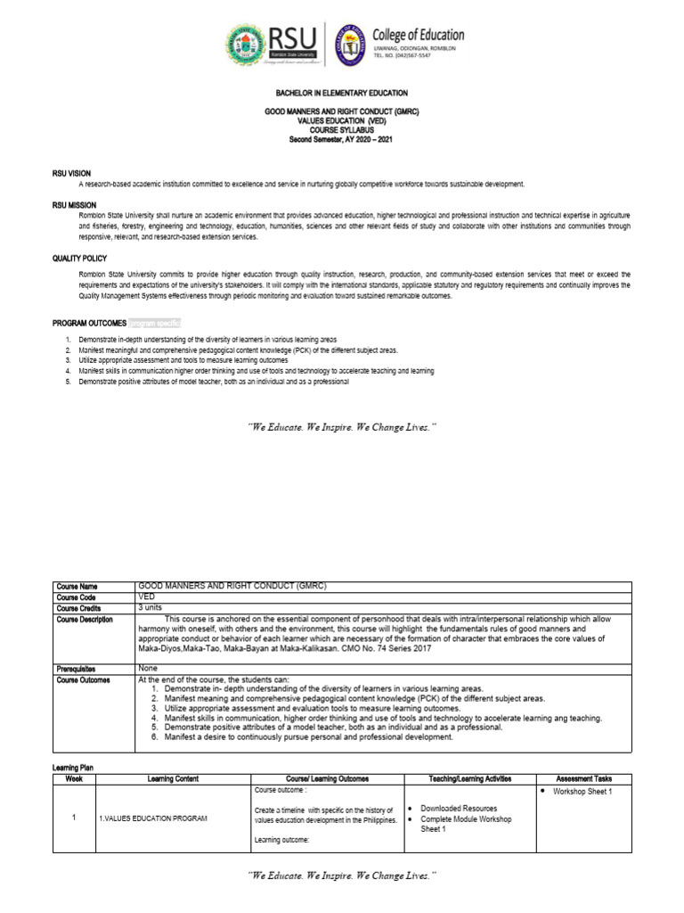 Values Education Syllabus | PDF | Learning | Teachers Values Education Syllabus | PDF | Learning | Teachers