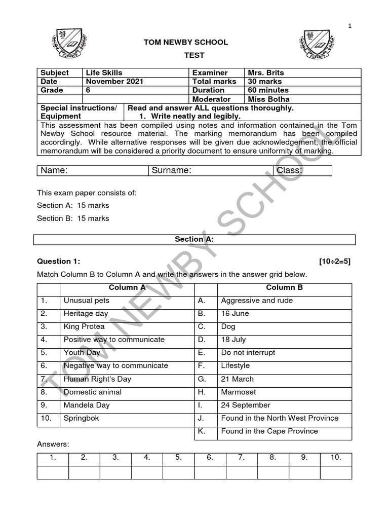 Grade 6 Life Skills Exam Nov 2021 | PDF