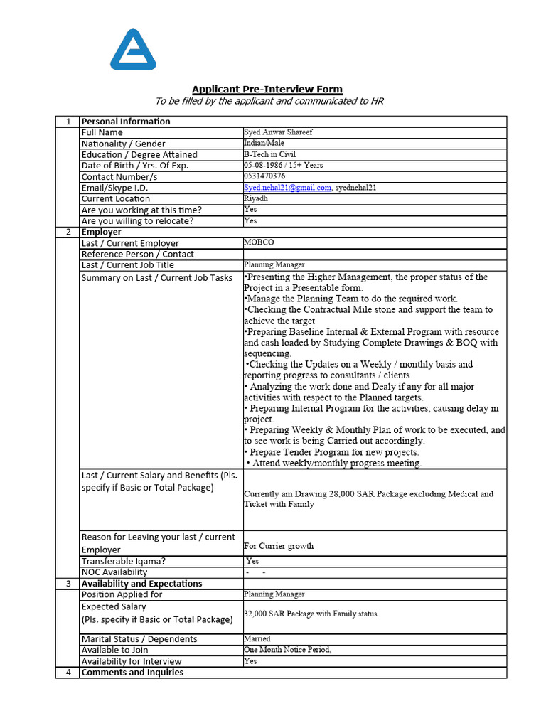 Applicant Pre-Interview Form | PDF | Employment | Business Applicant Pre-Interview Form | PDF | Employment | Business