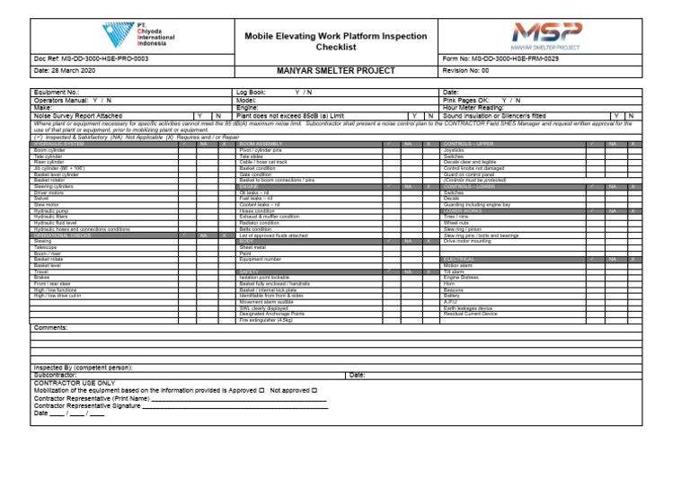 MS DD 3000 HSE FRM 0029 - MEWP - Inspection - Checklist | PDF | Vehicle ... MS DD 3000 HSE FRM 0029 - MEWP - Inspection - Checklist | PDF | Vehicle ...