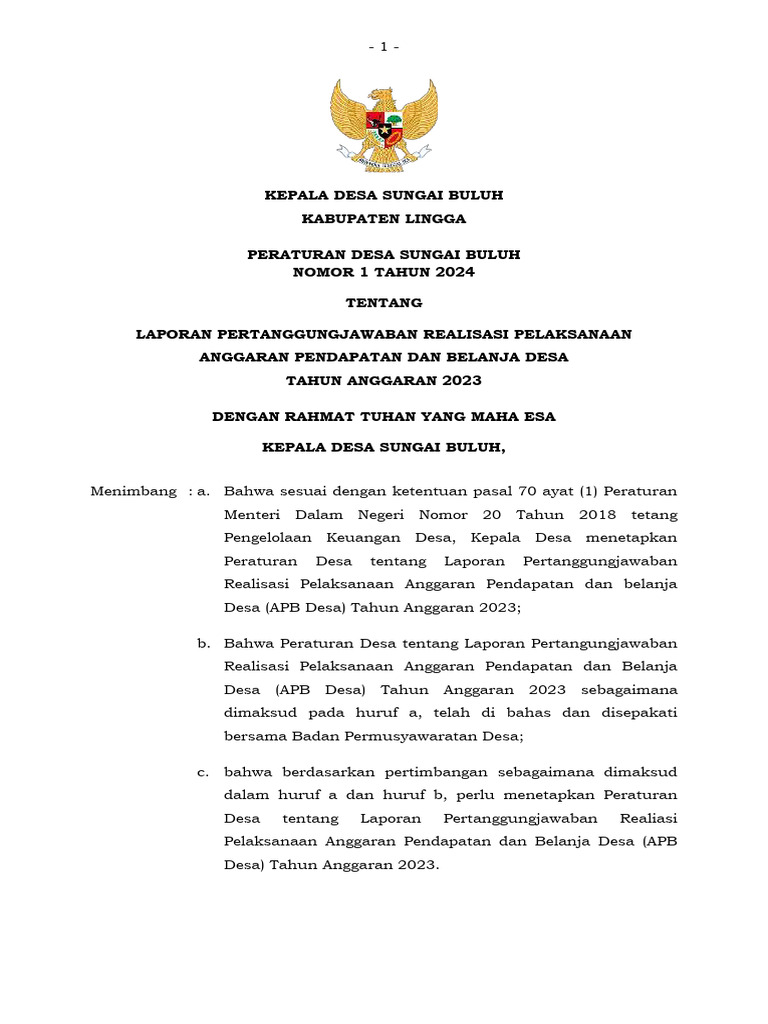 PERDes Nomor 1 Tahun 2024 Tentang LRA 2023 | PDF