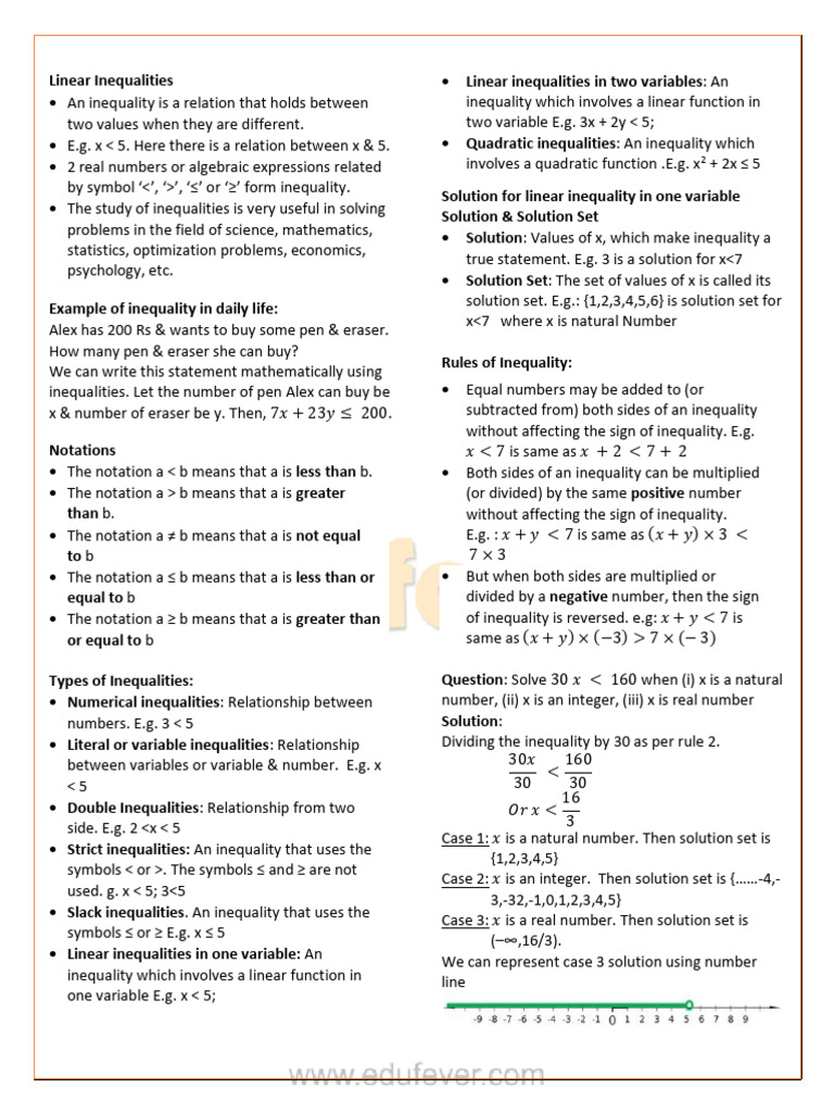 Chapter 6 Linear Inequalities Revision Notes Pdf Inequality