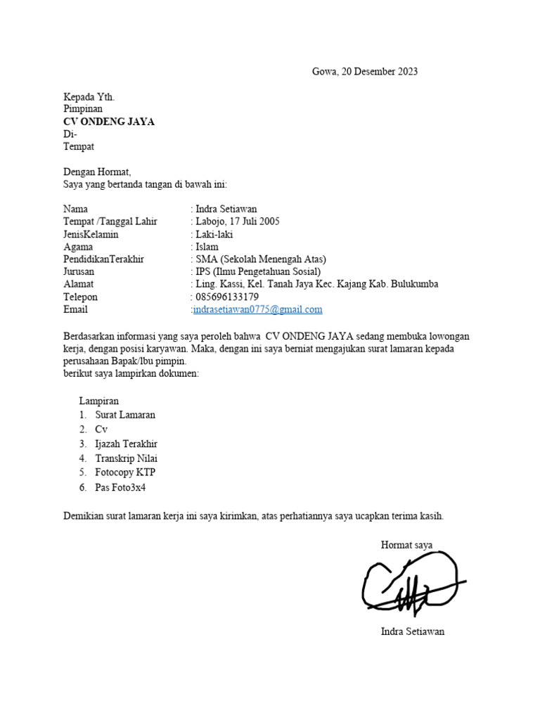 Lamaran Kerja Indra Setiawan ke CV Ondeng Jaya | PDF