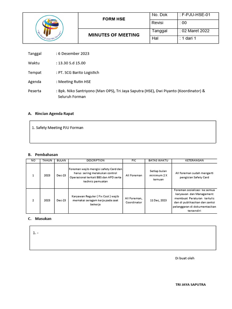 Minutes of Meeting: Form Hse | PDF