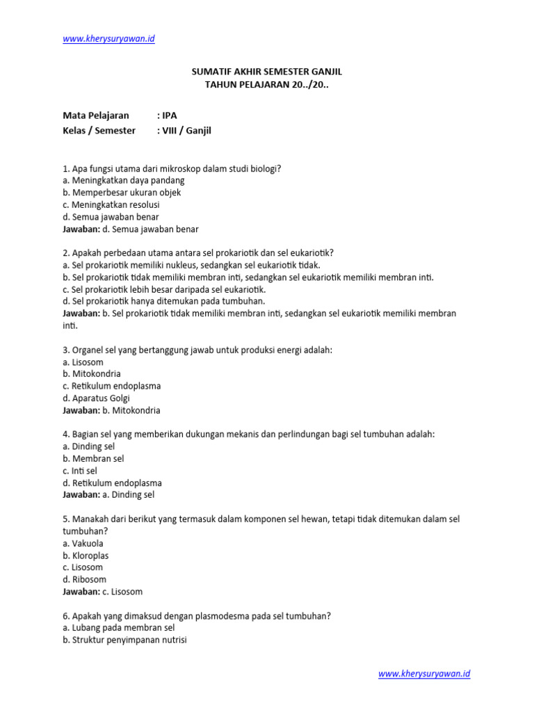 Sumatif Akhir Semester Ganjil Ipa Kelas 8 - WWW - Kherysuryawan.id | PDF