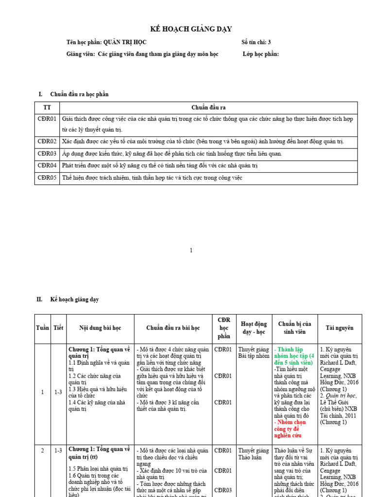 Kế Hoạch Giảng Dạy QTH-AUN | PDF
