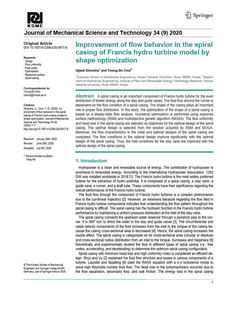 Improvement of Flow Behavior in The Spiral Casing of Francis Hydro Turbine Model by Shape ...