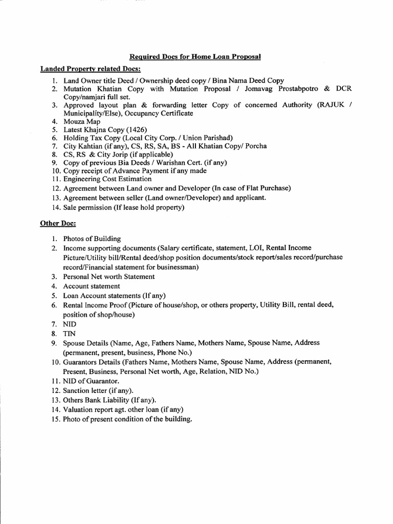 Home Loan Proposal Document Checklist | PDF | Finance & Money Management | Law